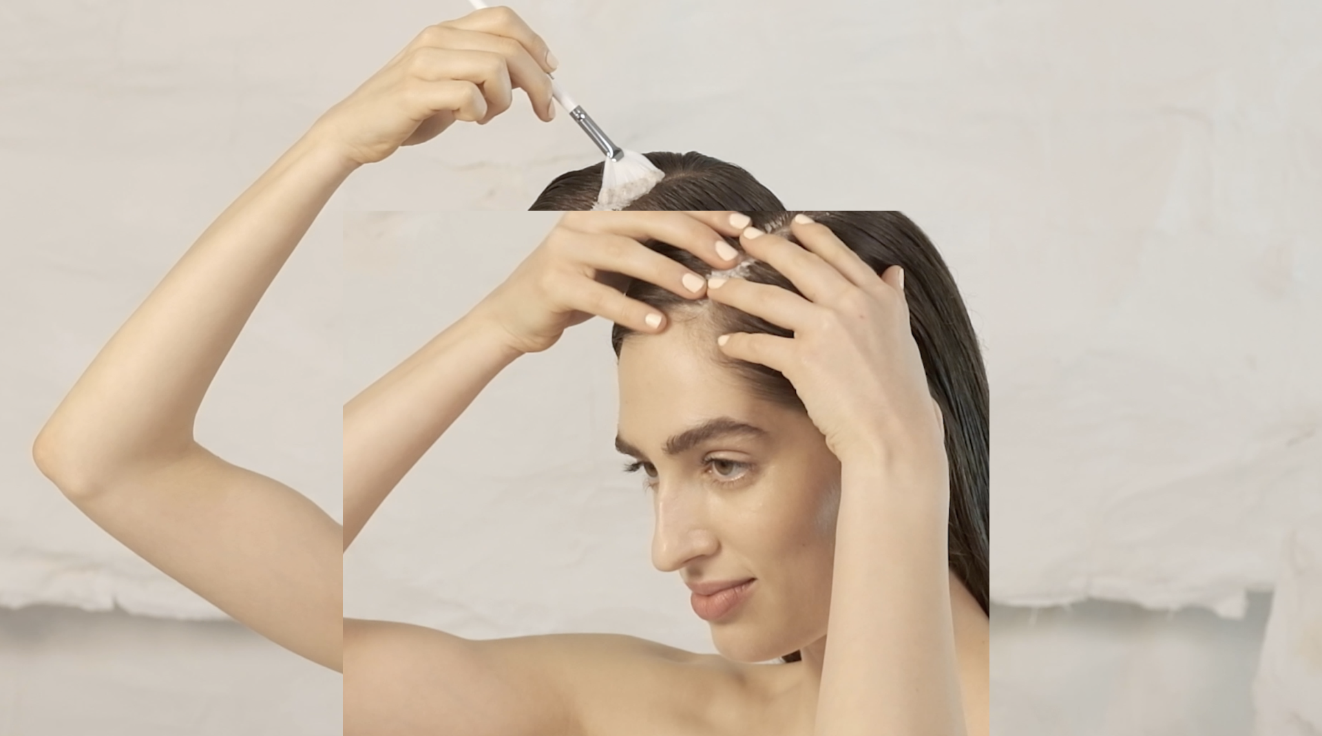 The scalp exfoliator precedes shampoo